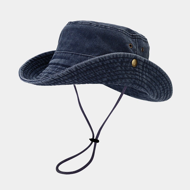Men Retro Wide Brim Bucket Hat with String Fishing Hiking Sun ...