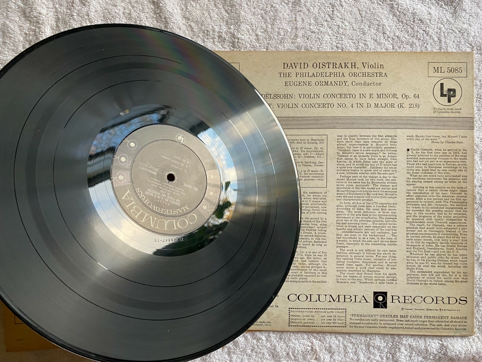 David Oistrakh, Ormandy Mendelssohn, Mozart record LP Columbia ML 5085 ...
