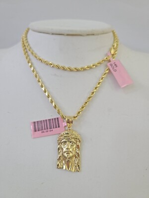 Real 14k Rope Chain Jesus Head Charm Set Yellow Gold 3mm 18-30 ...