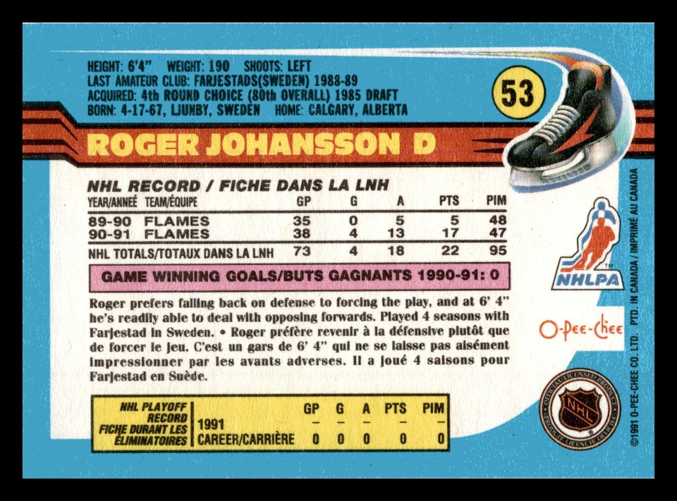 1991-92 O-Pee-Chee Roger Johansson #53 Calgary Flames Mint | eBay