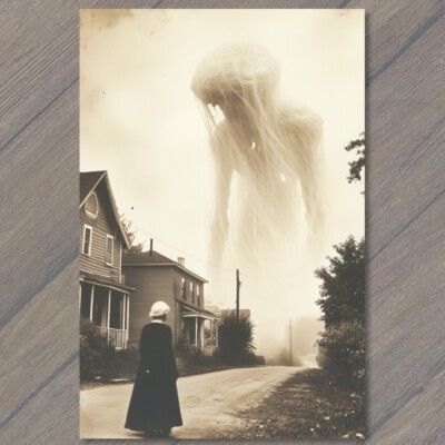 FLATCARD Woman Faces Huge Tentacled Monster Sepia Toned Spooky Vintage ...