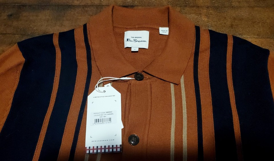 Ben Sherman Mod Stripe Knitted Button Through Polo Caramel Navy Men's ...