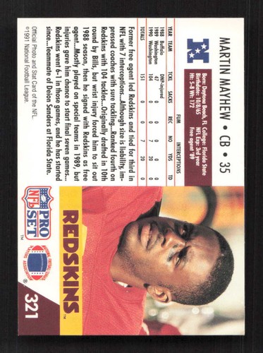 Martin Mayhew 1991 Pro Set Washington Redskins #321 | eBay