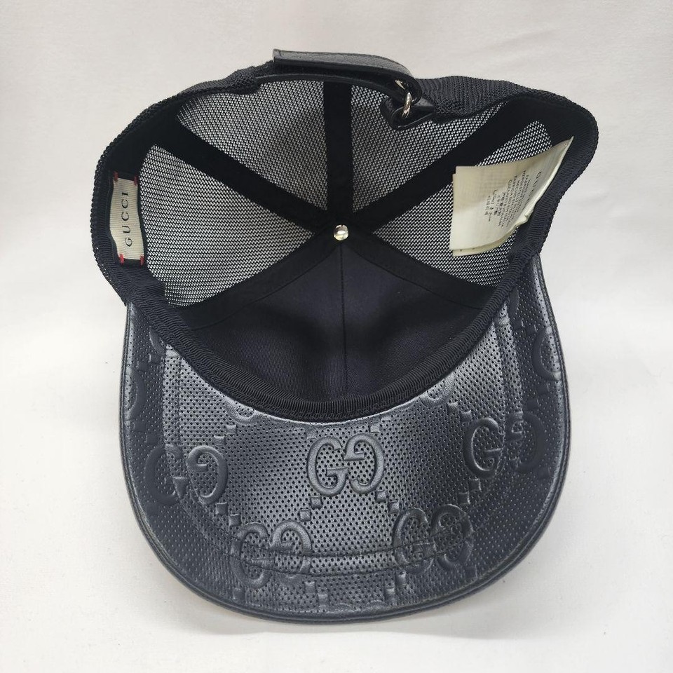 Gucci GG Monogram Logo Embossed Leather Mesh Baseball Cap Hat Black ...