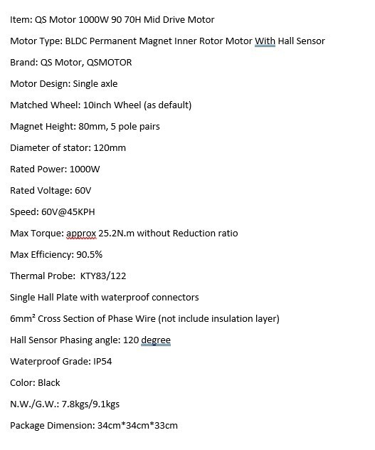 QS90 (Hall Sensor Version) Mid Motor, 1000w Includes 428 Sprocket (14T ...