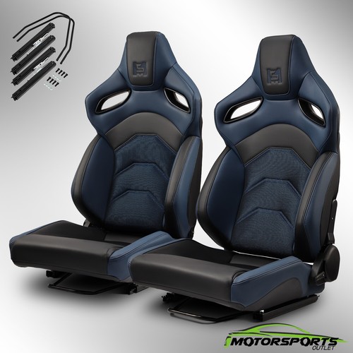 [Dark Knight Series] Black-Blue Reclinable PVC Racing Seats Pair w ...