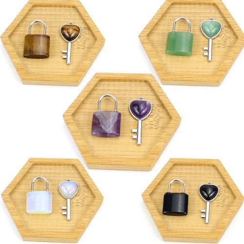 5 Sets Natural Stone Mixe Gems Lock Key Pendants Prism Magic Reiki ...