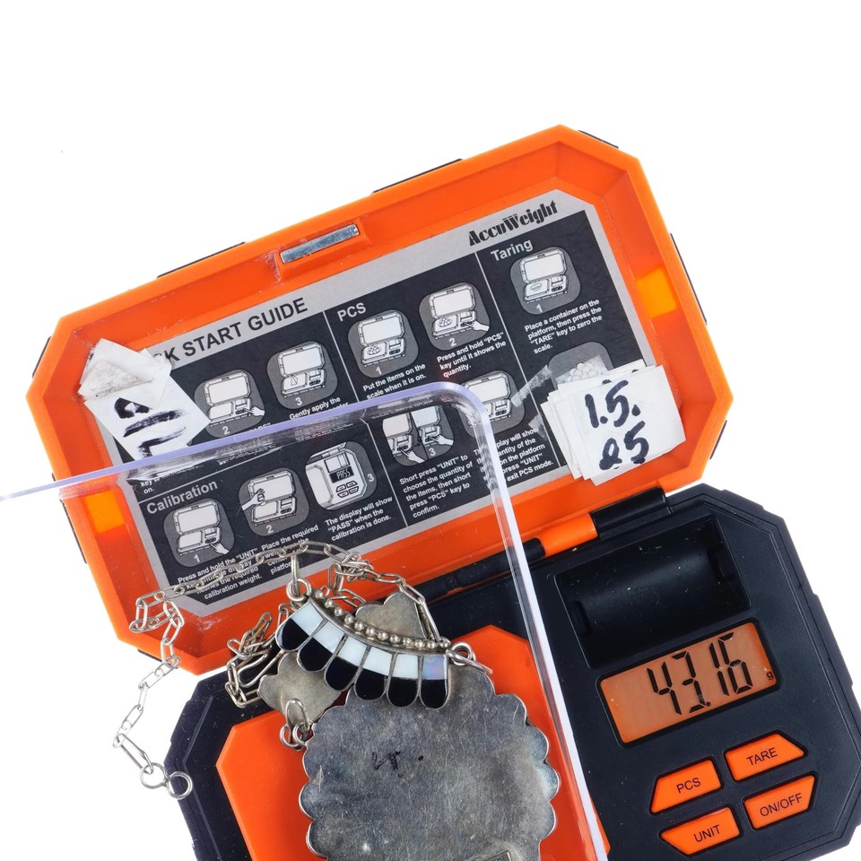 Vintage Massie Zuni sterling channel inlay sunface necklace white mop ...