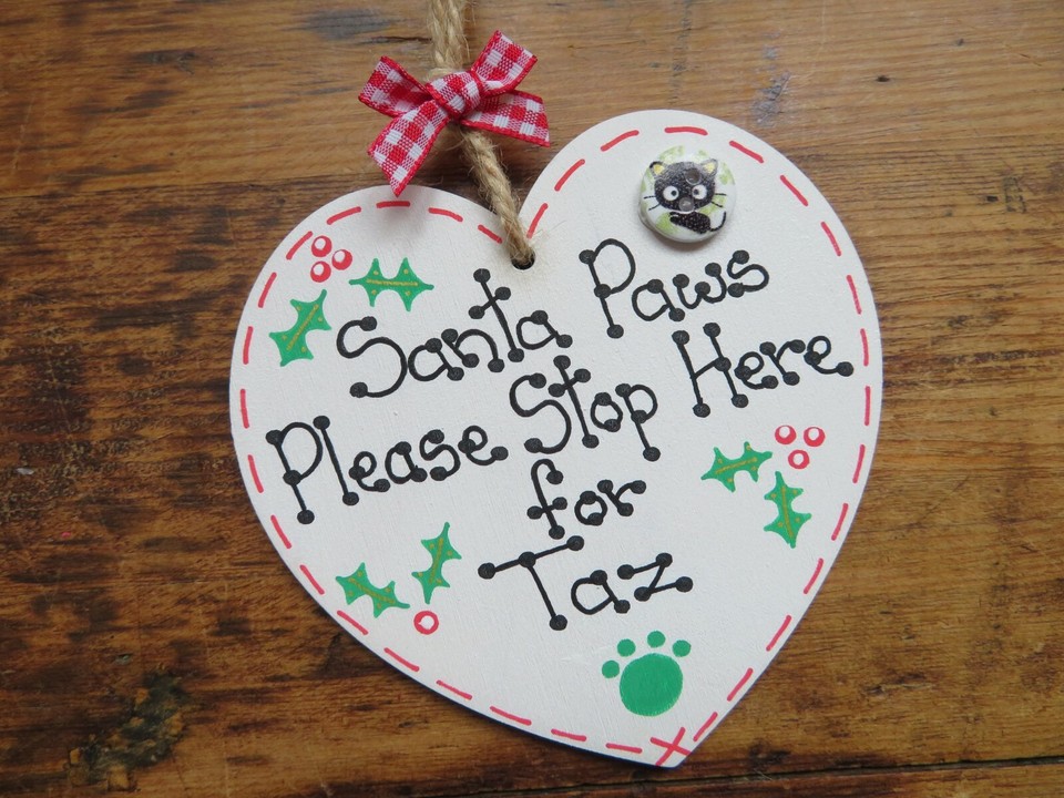Personalised Pet Christmas Santa Paws Cat Dog Heart Tree Decoration ...