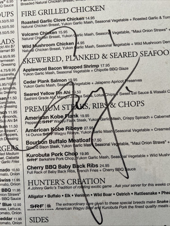 Guy Fieri Autograph Signed Menu Johnny Garlic’s Celebrity Chef | eBay