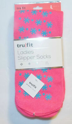 Tru Fit Ladies Slipper Sock Non Slip Grips Blue Snowflakes Pink 9-11 ...