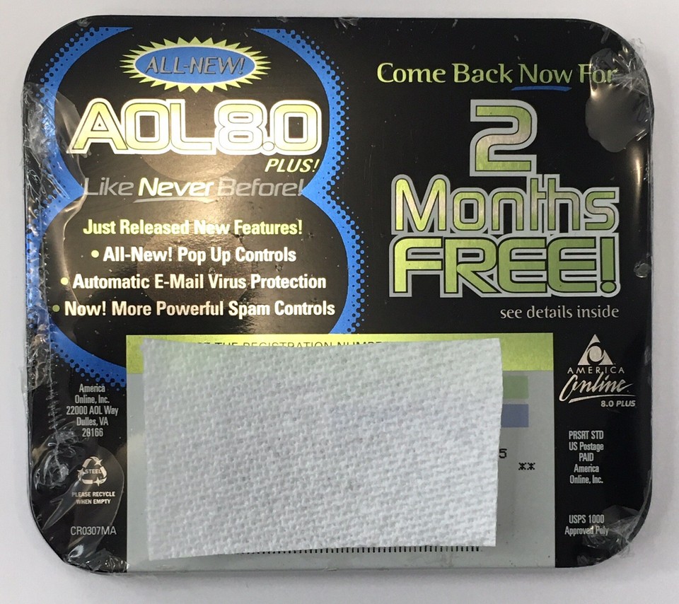 Vintage AOL CD Sealed Tin 2 Months Offer - AOL 8.0 Plus Come Back Now ...