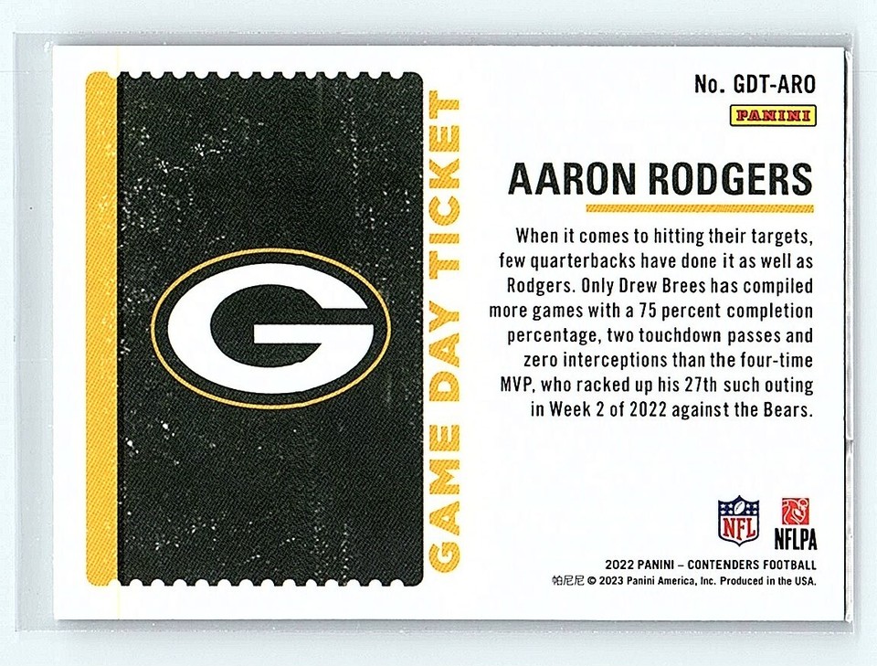 2022 Panini Contenders Game Day Ticket Aaron Rodgers Green Bay Packers ...
