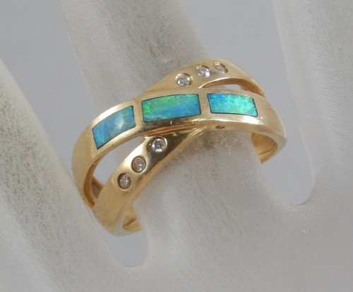 Solid 14 Karat Yellow Gold Diamond & Inlaid Opal Crossover Ring 14K CHH F2378 | eBay