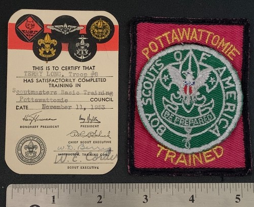 1950s POTTAWATTOMIE TRAINED Scoutmaster Award CARD & PATCH BSA Position ...