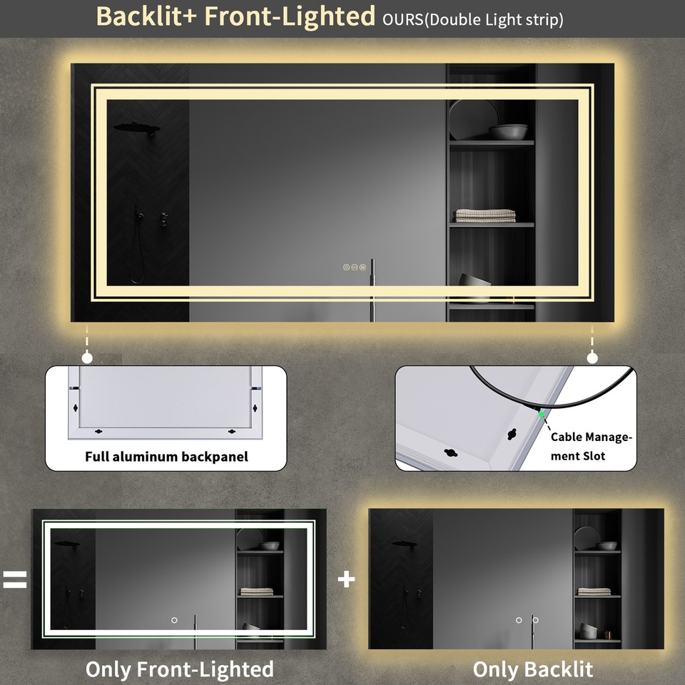 WISFOR LED Bathroom Mirror with Front and Backlit, Anti-Fog Memory ...