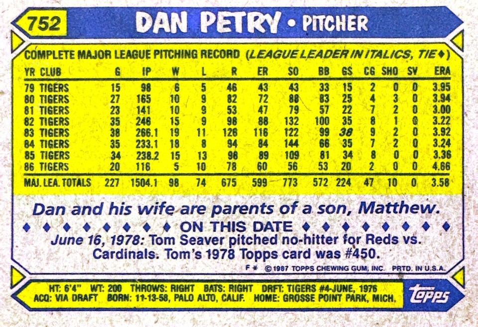 1987 Topps #752 - Dan Petry - Detroit Tigers Baseball Card | eBay