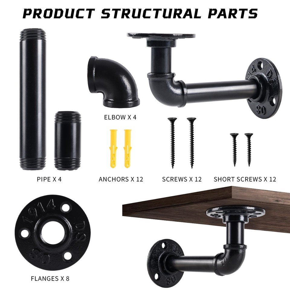 L-Shaped Industrial Pipe Shelf Brackets, Black Metal Wall-Mounted F ...