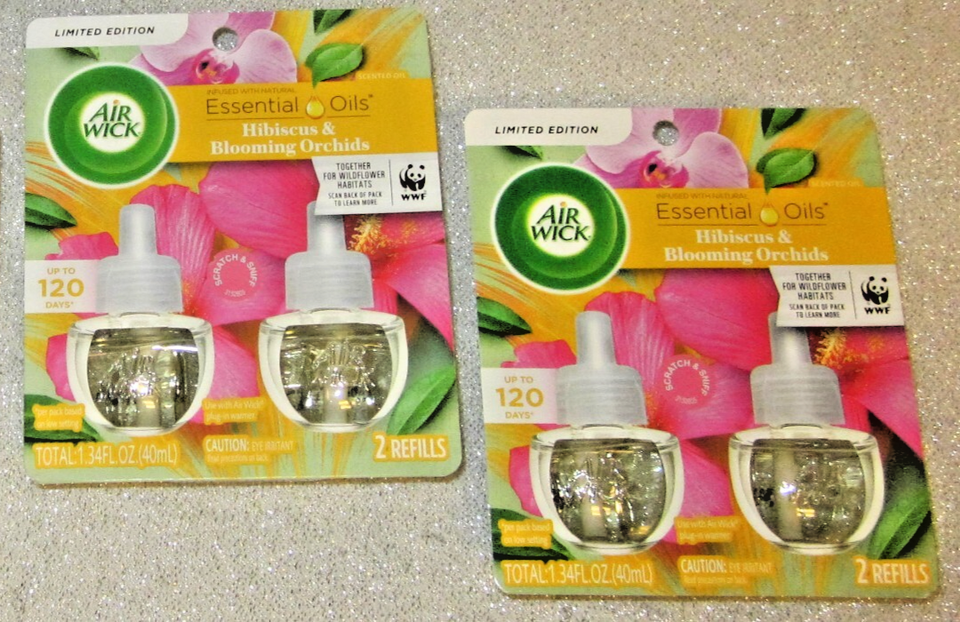 4 TOTAL AIR WICK Essential OIL REFILLS HIBISCUS & BLOOMING ORCHIDS LTD ...