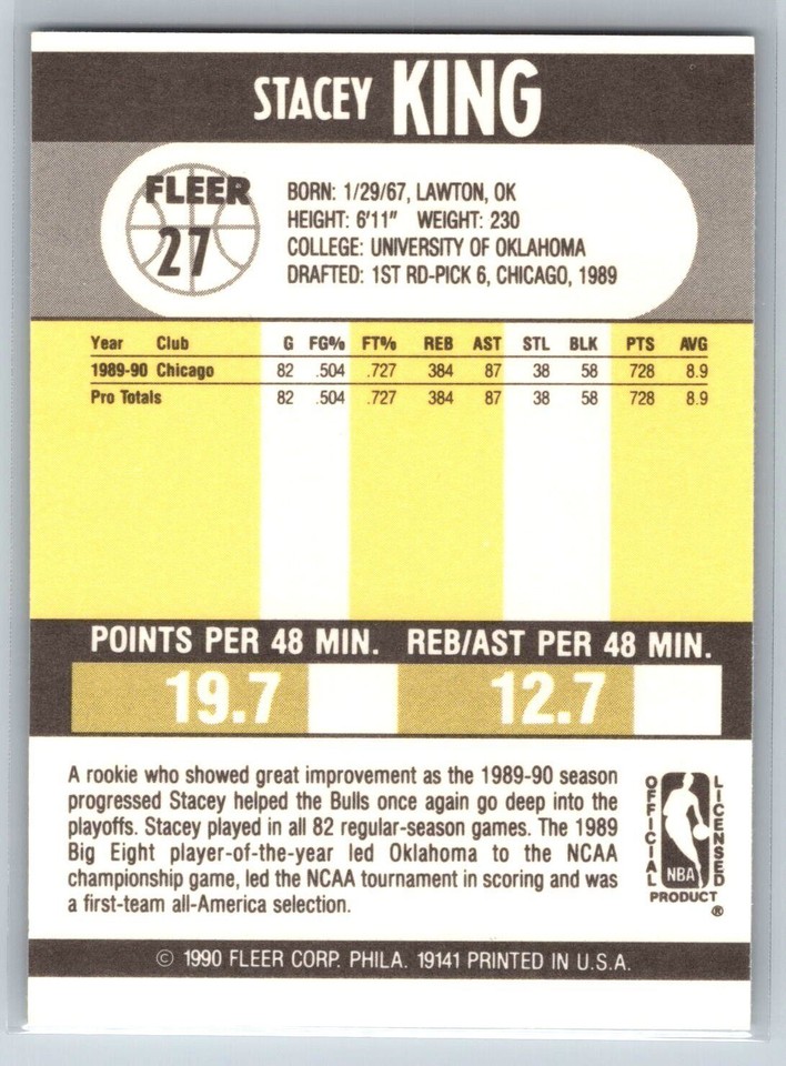 1990-91 Fleer Stacey King Rookie Chicago Bulls RC #27 | eBay