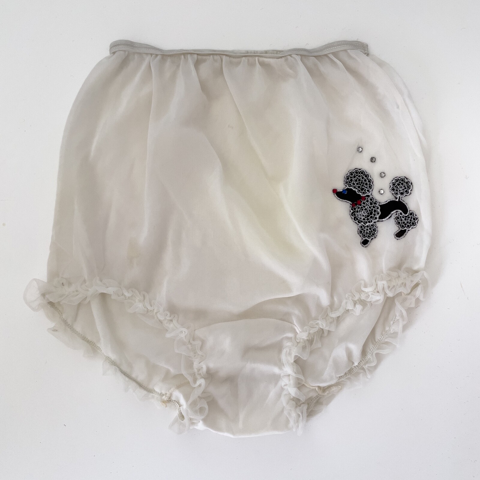 1950s Ivory Novelty Poodle Panties Nylon Ruffle 50s 4… - Gem