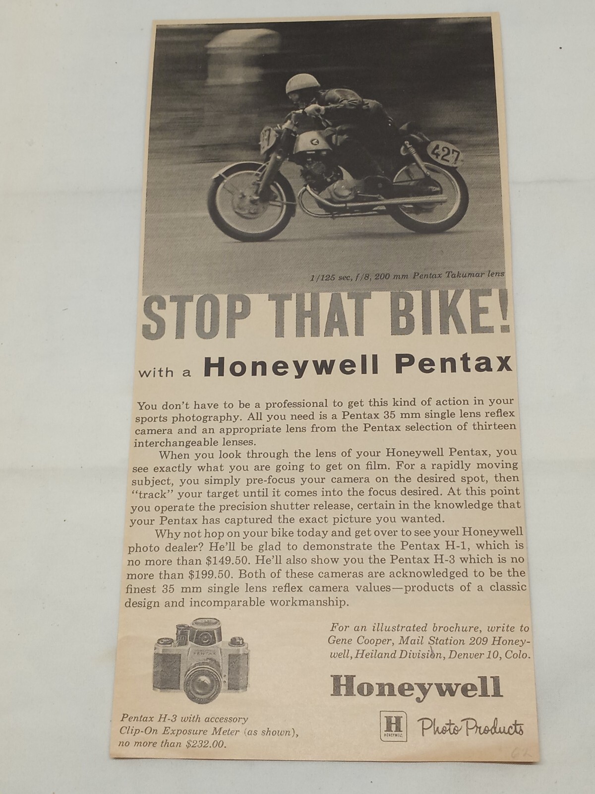 Vtg 1962 HONDA HAWK Motorcycle HONEYWELL PENTAX H-3 CAMERA AD Original ...