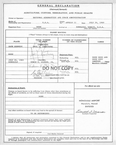 Us Custom Form Filled Out By Apollo 11 Astronauts Nasa 8x10 photo | eBay
