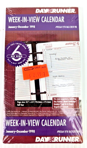 1998 Day Runner Refill #90564 Week in View Calender Jan-Dec 6 Ring ...