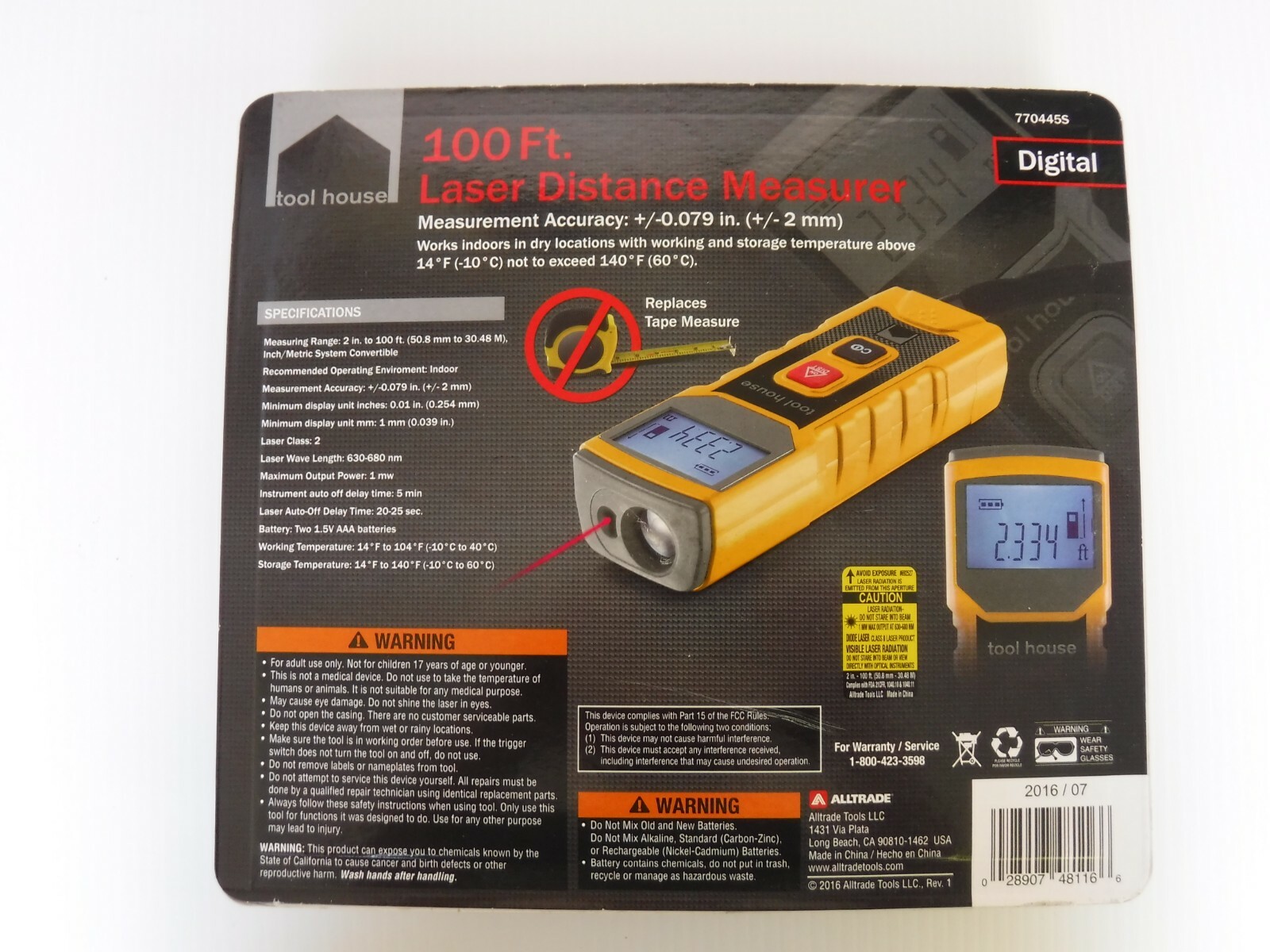 Alltrade Tool House Digital 100 FT Laser Distance Measurer Tape Measure ...