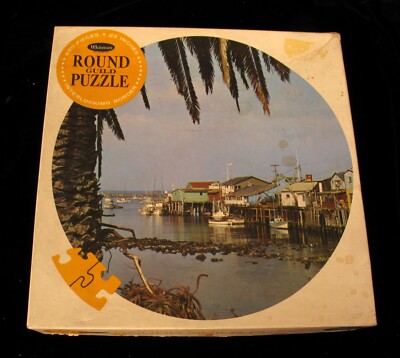 VINTAGE WHITMAN ROUND GUILD JIGSAW PUZZLE IN BOX BOATS FISHING SHIPS ...