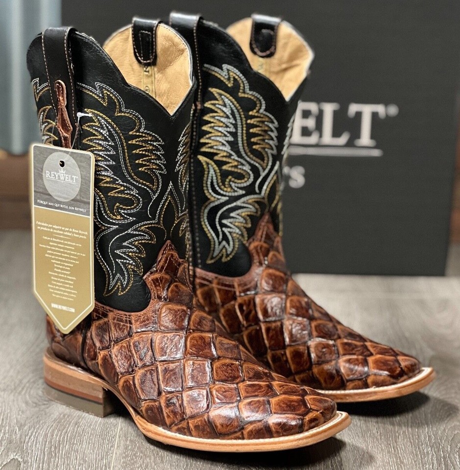 MEN'S RODEO COWBOY FISH PIRARUCU PRINT WESTERN SQUARE TOE BOOTS COGNAC ...