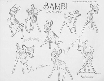 Disney 1971 Publications Model Sheet Bambi Movie Poses UF 3x Signed FT ...