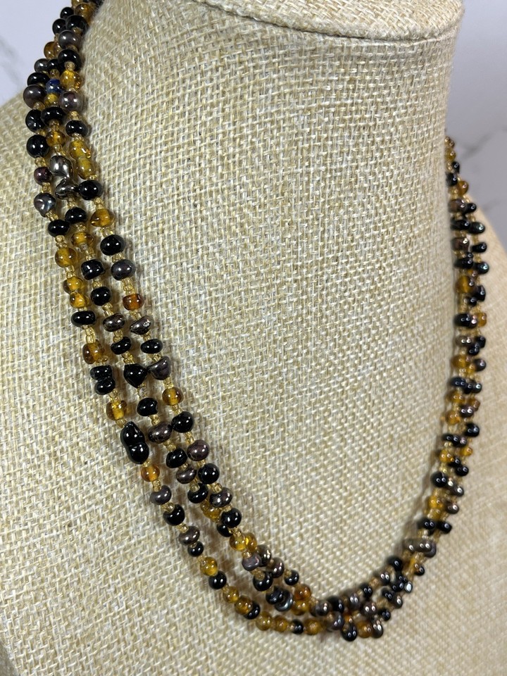 Glass Bead Necklace Long Mixed Brown Cognac Iridescent & Yellow Flapper ...