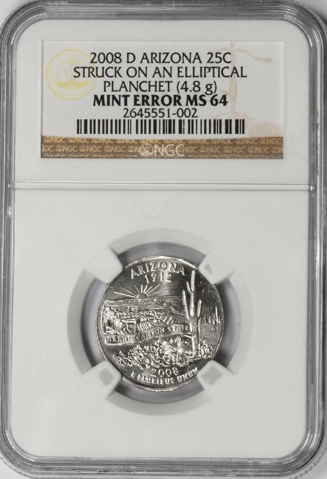 2008 D NGC MS64 Struck On Elliptical Planchet Arizona Quarter Mint ...