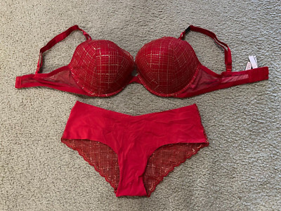 Victorias Secret 38D Padded Push-Up Metallic Lace Bra & Panty Red With ...
