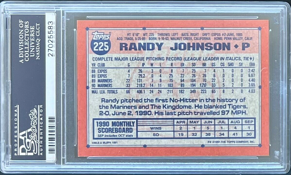 1991 TOPPS #225 RANDY JOHNSON HOF PSA 10 GEM MT MARINERS | eBay