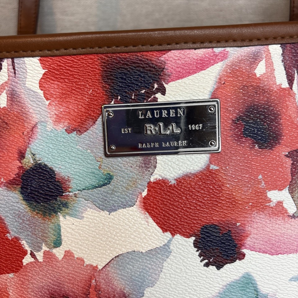 Ralph Lauren RLL Red Floral Leather Shoulder Bag L Designer Tote Purse ...