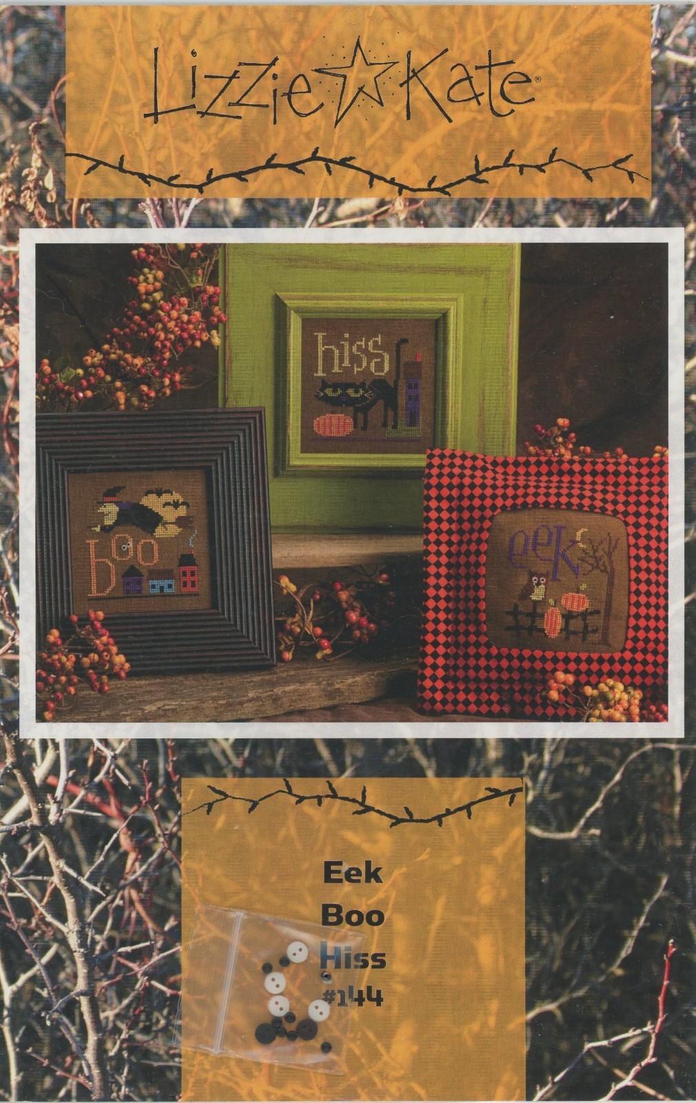 Lizzie Kate Halloween Buttons Eek Boo Hiss Witch Cat Owl Cross Stitch ...