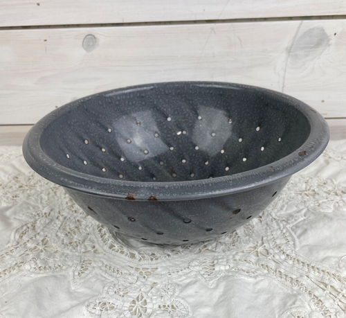 Vintage Primitive Metal Enamel Gray Colander | eBay