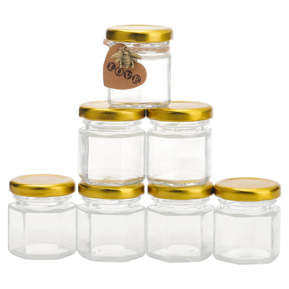 20x Small Glass Jam Jars Airtight 45ml Hexagonal Lid Honey Preserve Lid ...