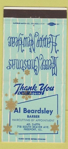Matchbook Cover - Al Beardsley Barber Freeport IL Christmas 30 Strike ...
