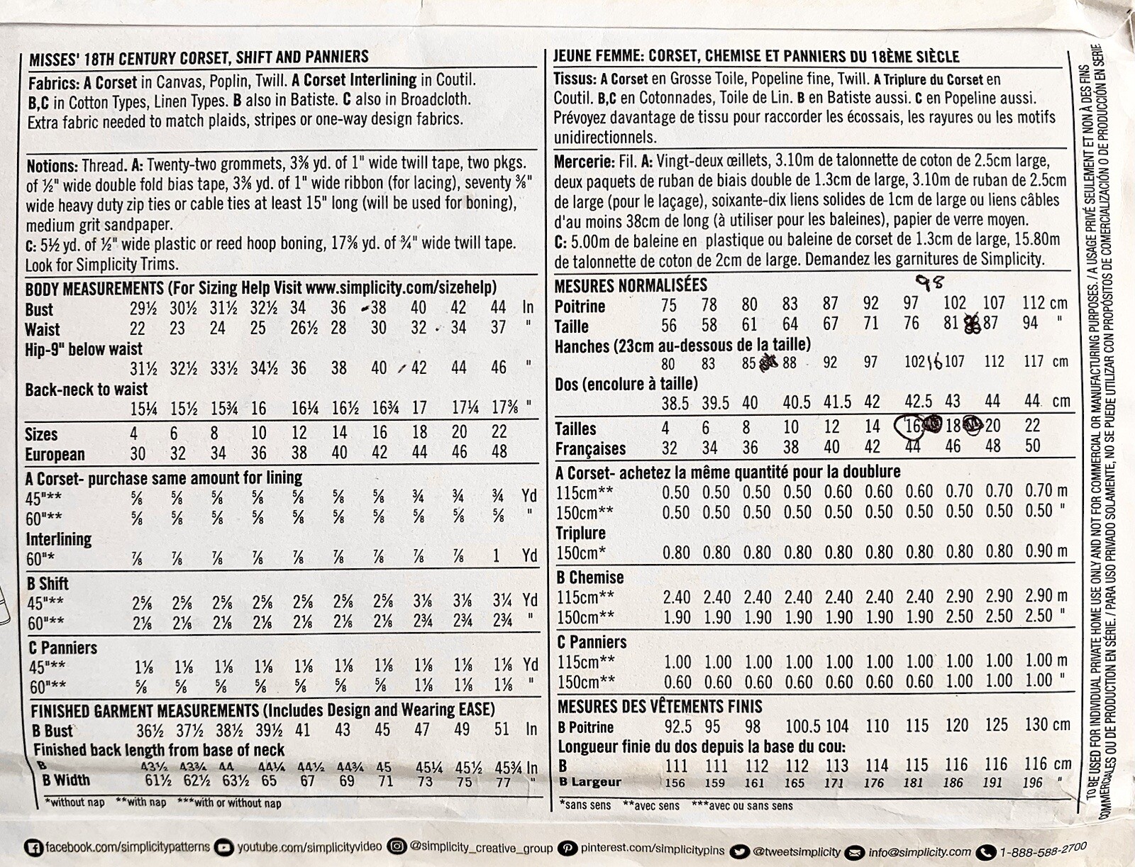 SIMPLICITY 8579 18th Century Corset Costume Sewing Pattern Size 14 - 22 ...