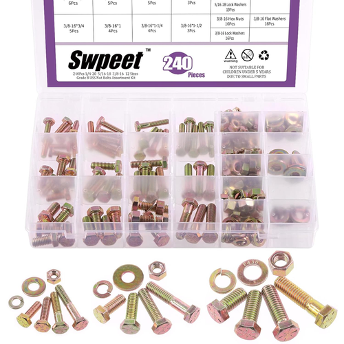 Grade 8 USS Nut Bolt Assortment Kit 240PCS 1/4-20 5/16-18 3/8-16 ...