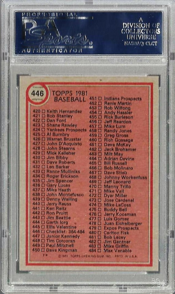 1981 Topps #446 Checklist 364-484 Baseball Cards 363-484 PSA 9 MINT ...