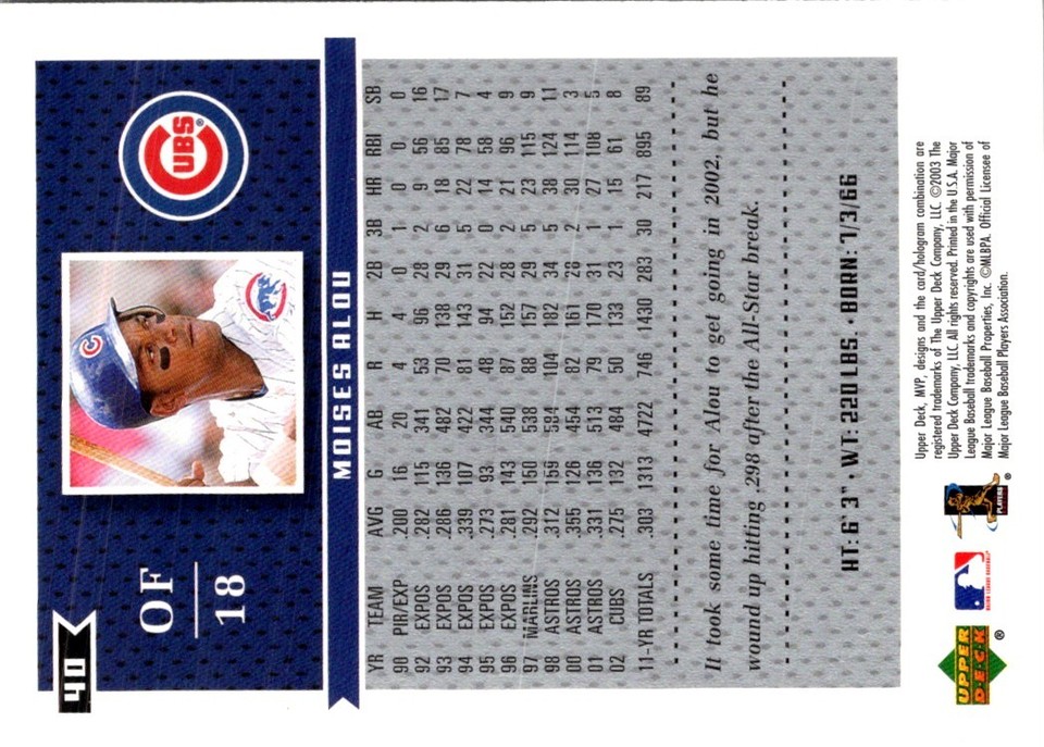 2003 Upper Deck MVP Moises Alou #40 Chicago Cubs Baseball Card | eBay