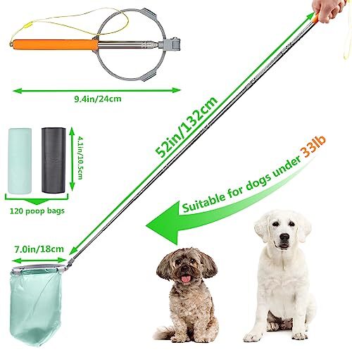 Dog Poop Catcher with 120 Bags - 52" Extendable Handle, No Cleaning ...