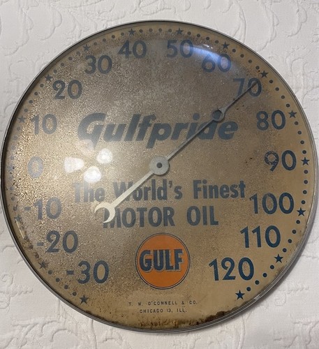 Auth Orig 1950’s Round Gulf Oil GULFPRIDE Glass Metal Thermometer STILL ...