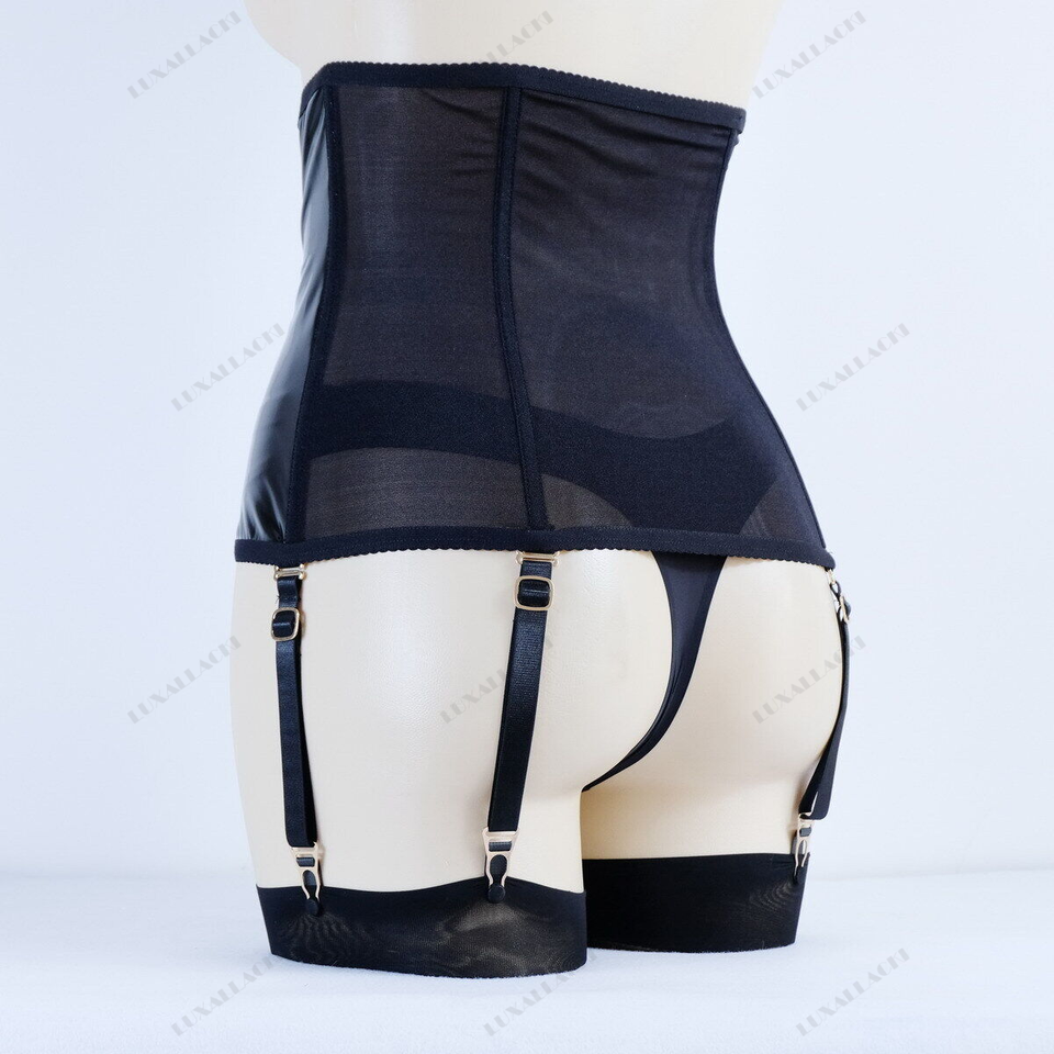 Luxallacki Mesh Pu Leopard Waist Cincher 6 Straps Garter Boned Shaping ...