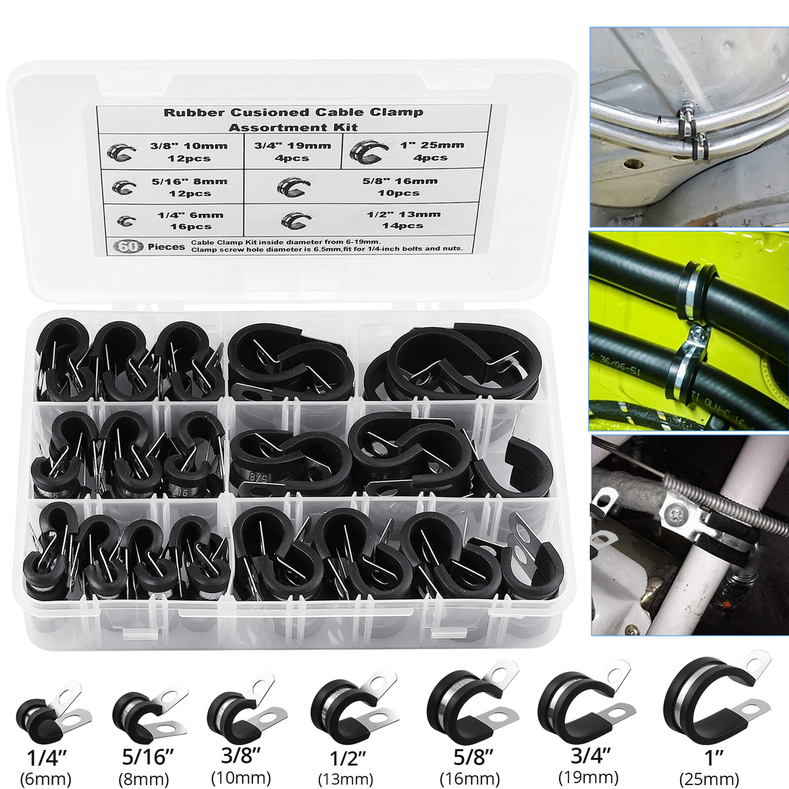 72X Rubber Lined P Clips Stainless Steel Cable Hose Pipe Clamps Holder ...