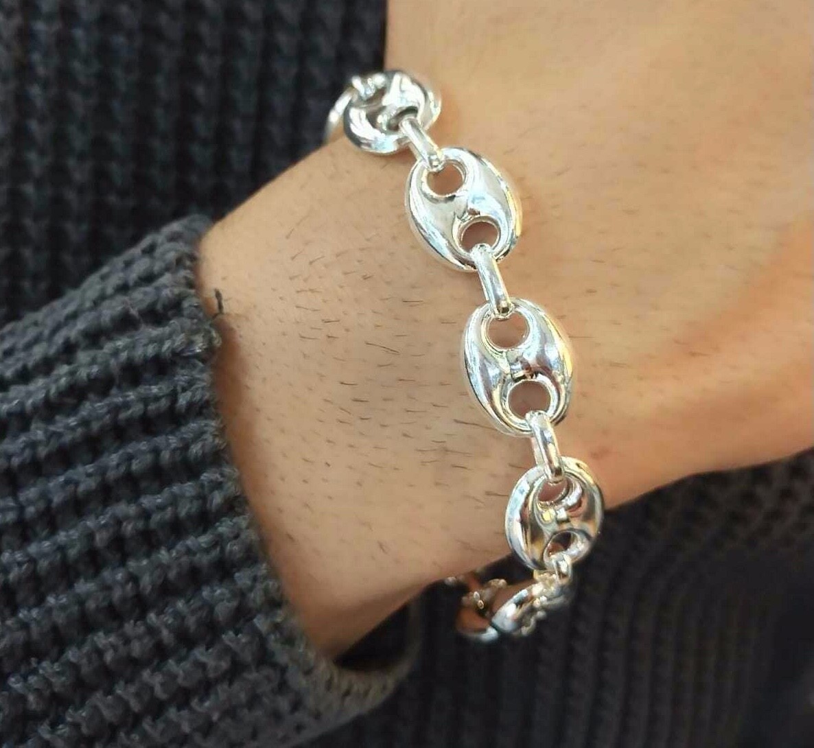 925 Sterling Silver Mens Mariner Puffed Link Chain Bracelet 9.05 Inch ...